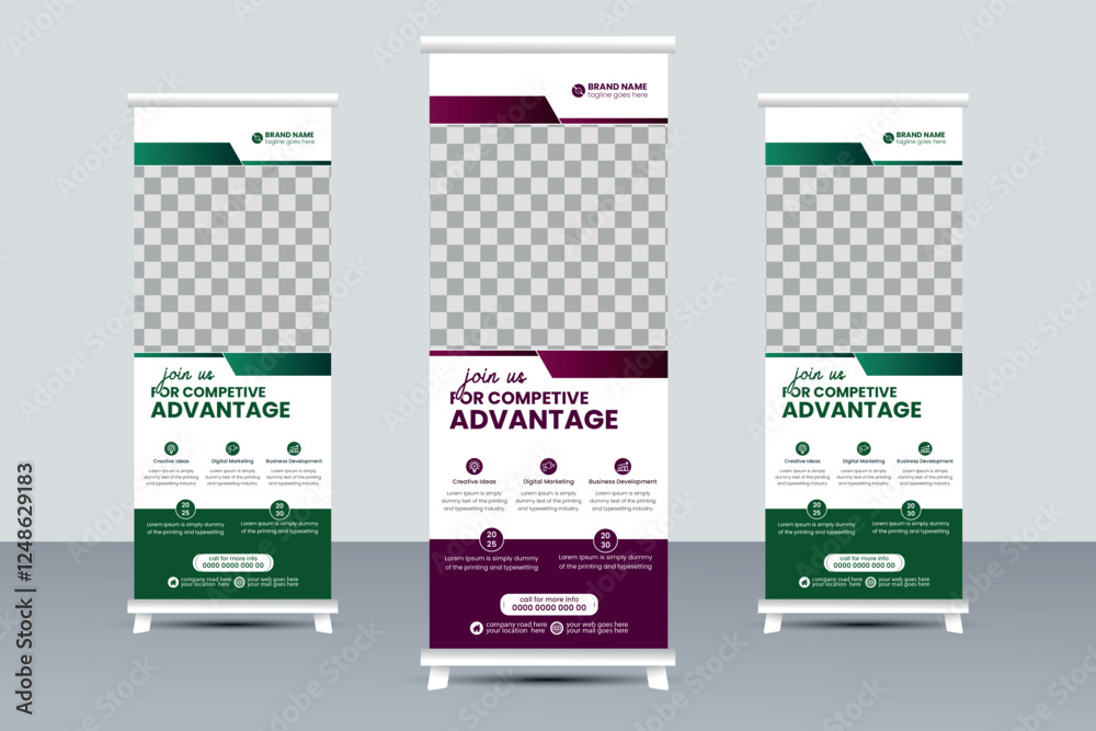 Roll up banner stand template design, blue banner layout, advertisement ...