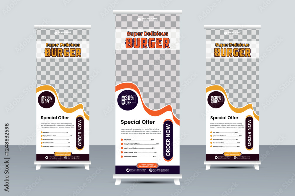 Restaurant business Roll up banner template design with three color ...