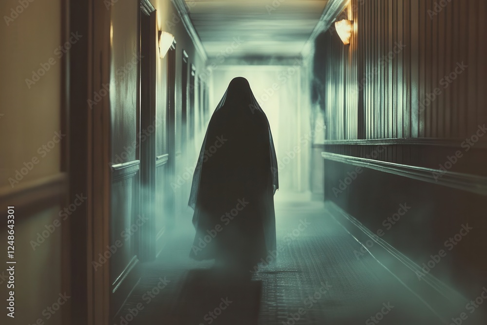 eerie ghost figure emerging from shadows, desaturated colors and film ...