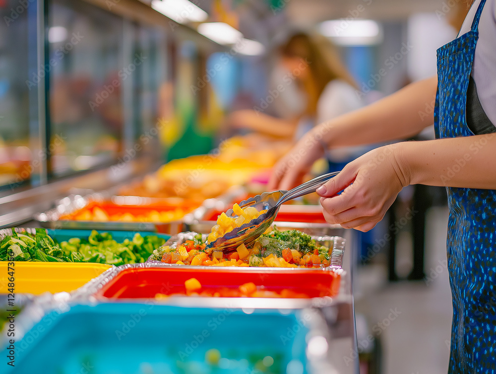 Person serving fresh, colorful vegetable medley from a self-service ...