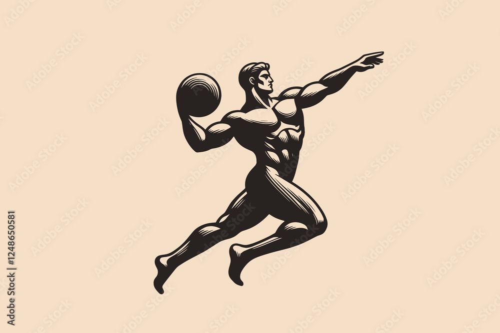 Ancient Greek athlete with discus, detailed muscular flat engraving ...