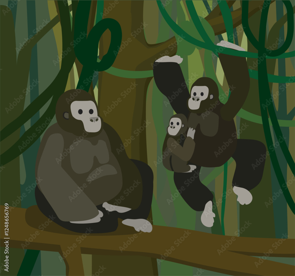 gorilla family ape hanging on liana with litlle baby monkey on belly ...