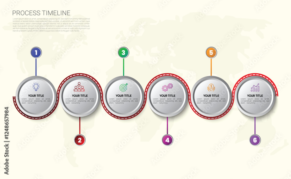 6 list of steps, layout diagram with number of sequence, circular ...