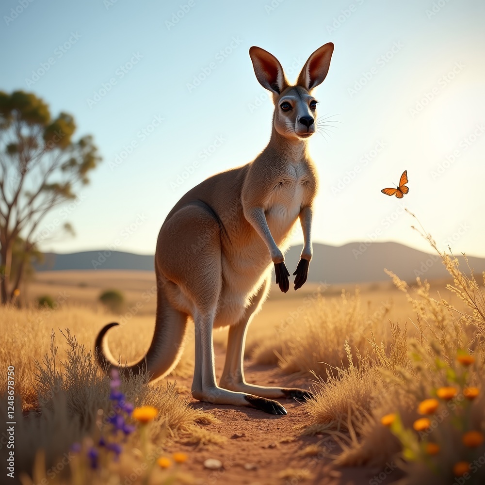 Kangaroo in the Australian Outback with a butterfly flying in the ...