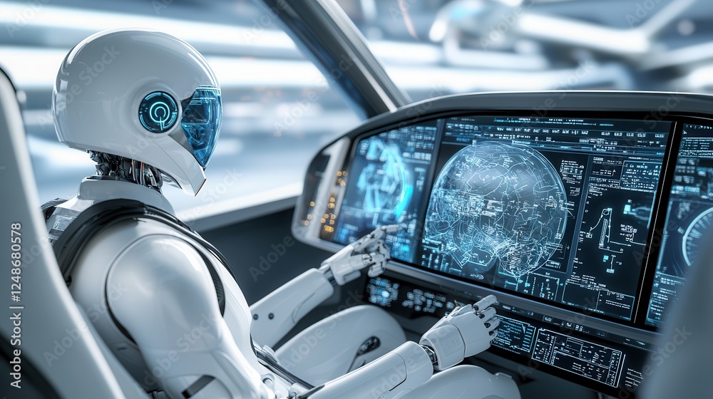 Advanced humanoid robots assisting pilots in the cockpit of a ...