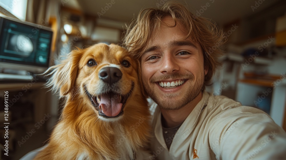 Hermoso perro con su amigo veterinario, concepto de salud, animal, con ...