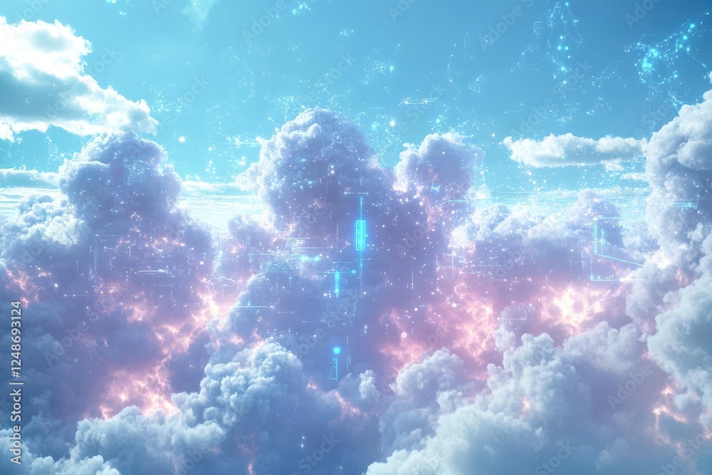 futuristic cloud computing visualization with glowing digital elements, floating data streams ...