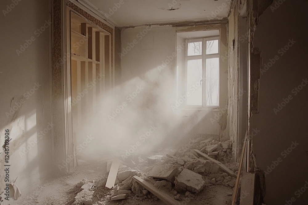 Construction dust fills an old room with broken walls, depicting an ...