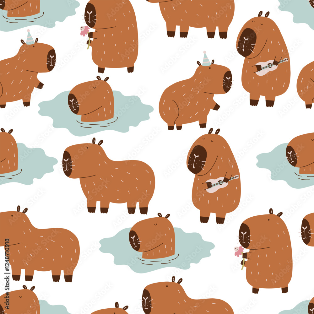 Cute Character Capybara Seamless Pattern. Capibara Mascot Kawaii Background. Hand Drawn Flat ...