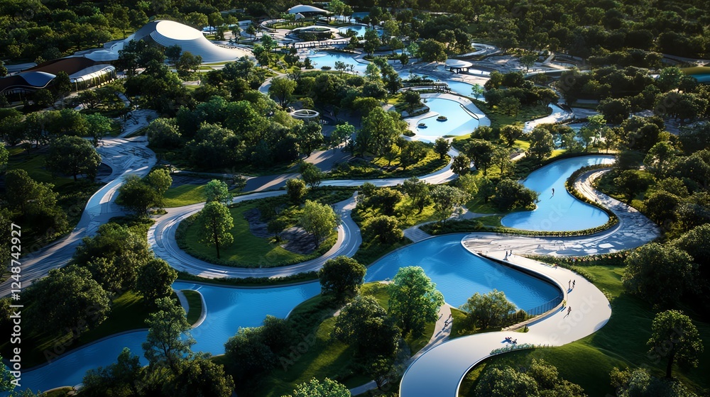 Bird seye view of a theme park with winding pathways, lush greenery ...