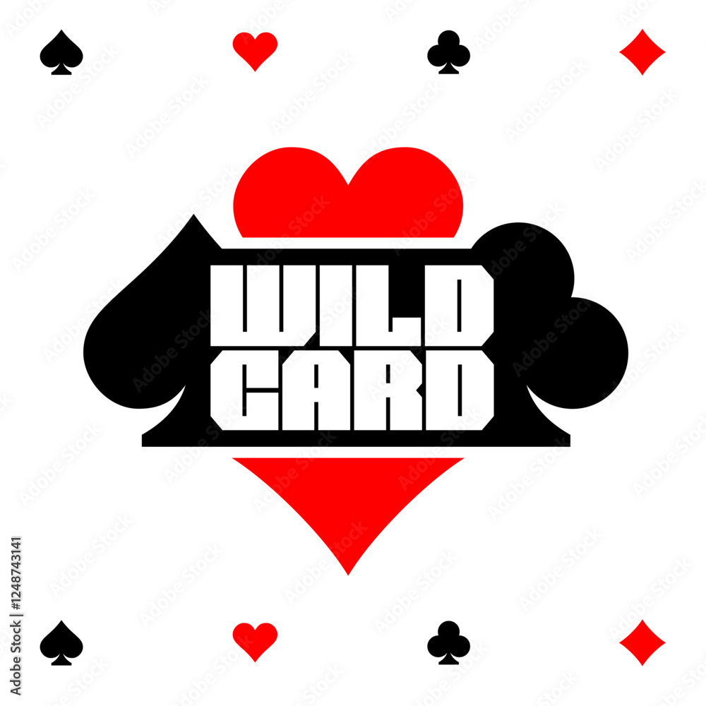 Wildcard word playing card suits text logo with four types of cards ...