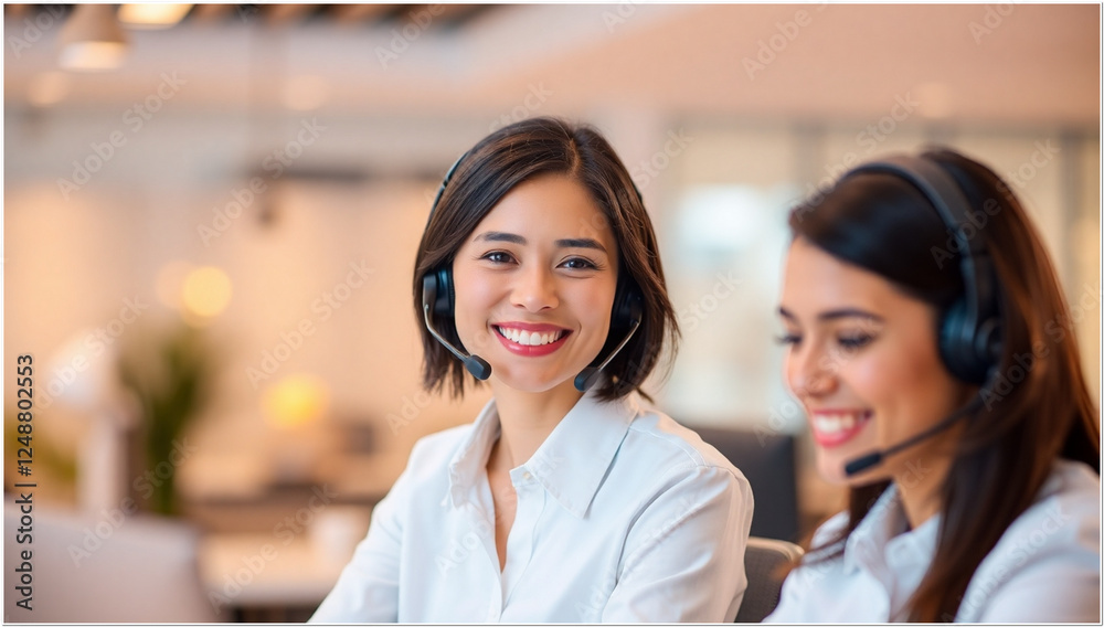 Customer service representative, call center, headset, smiling ...