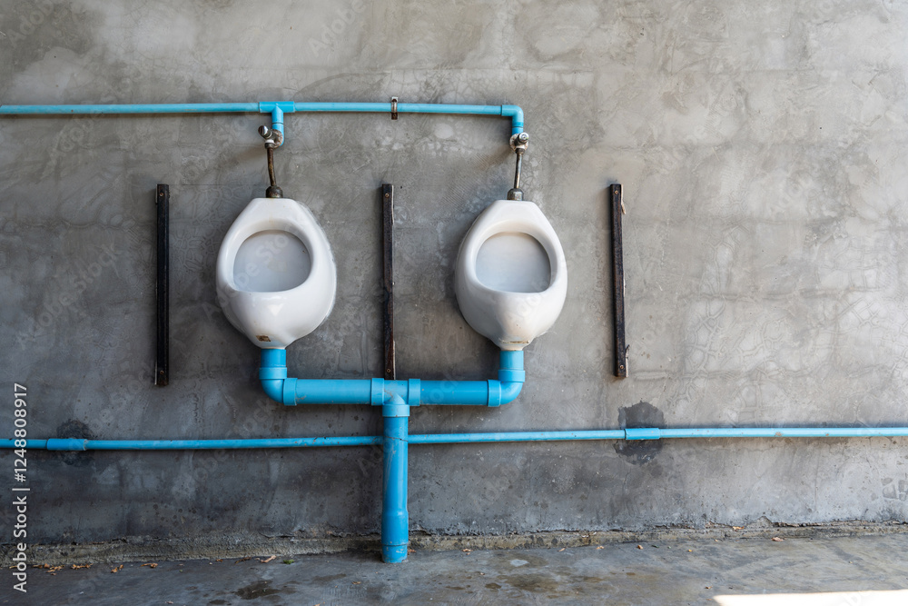 Ceramic urinal for men attached to the cement wall with the ...