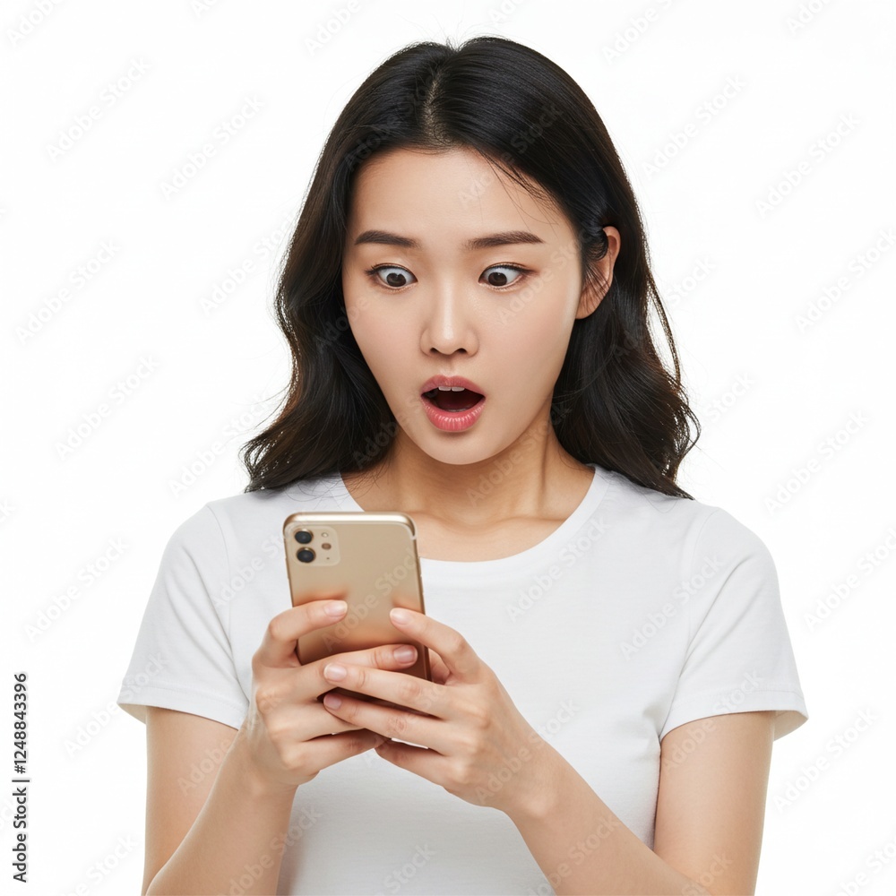 face portrait of beautiful young asian woman shocked face. white ...