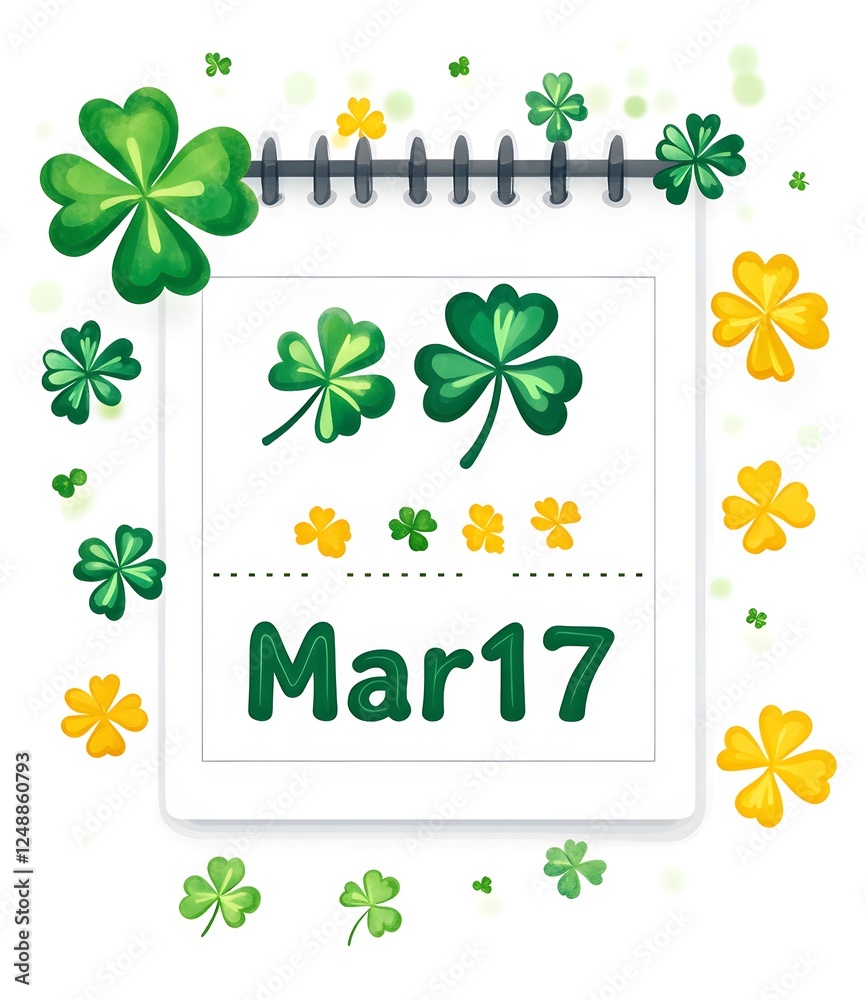 Green and yellow shamrocks surround a calendar page marked with March ...