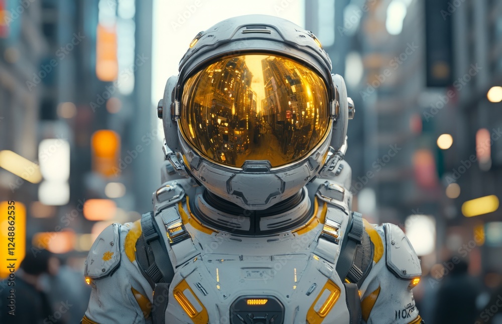 Astronaut in New York Streets, White and Yellow Suit, Orange Helmet ...