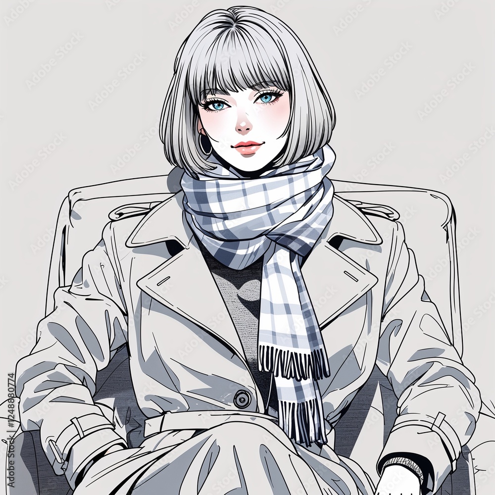 A young adult woman relaxed with short bob hair wearing a winter scarf ...