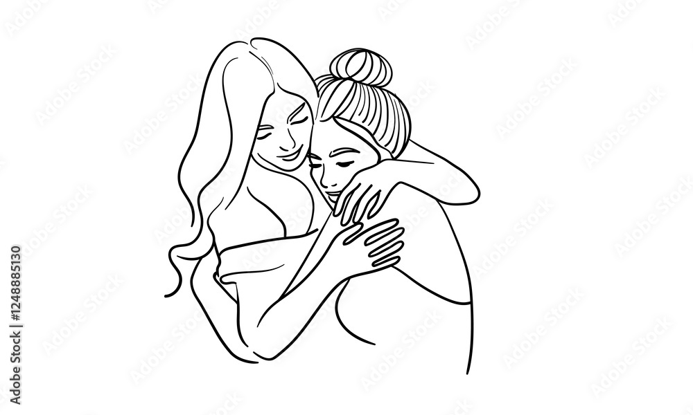 Two girls hugging, continuous line drawing. Support, empathy ...