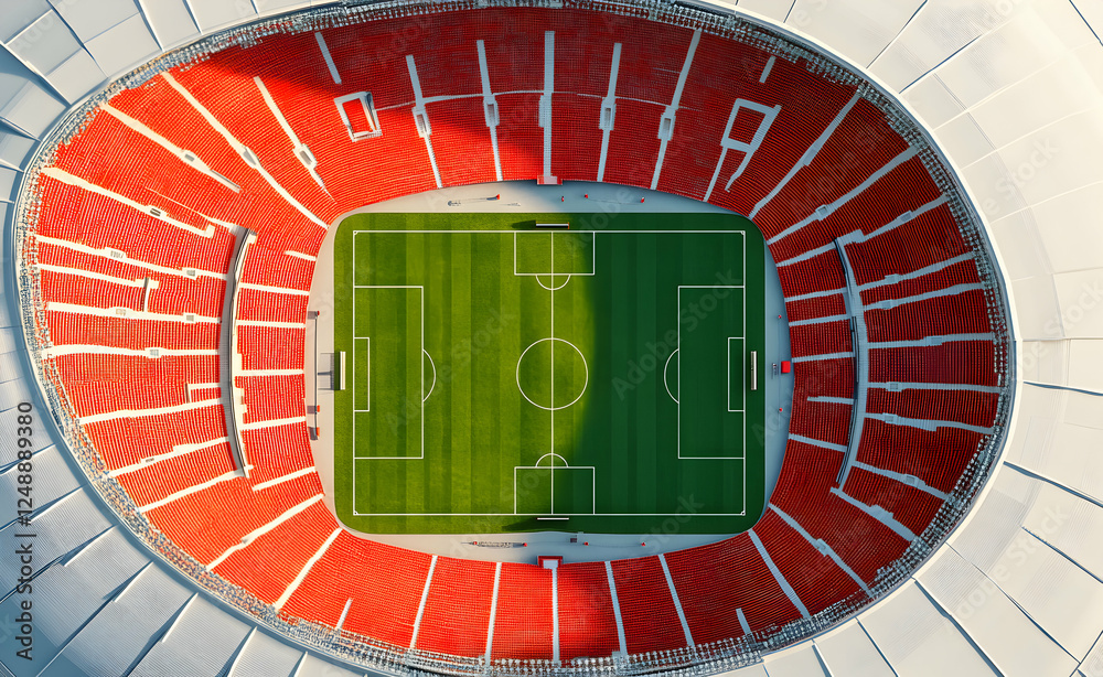 Aerial view of a vibrant stadium featuring red seats surrounding a ...