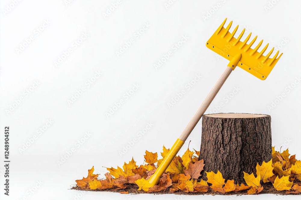 rake leaning against a tree stump, autumn gardening, realistic digital ...