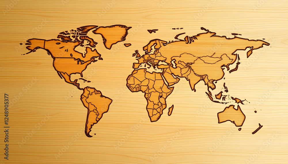 World map engraved into a wood board. Natural unpainted textured bamboo ...