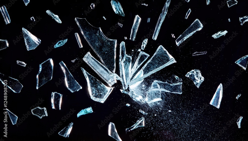 shattered glass impact with scattered shards on black background for ...