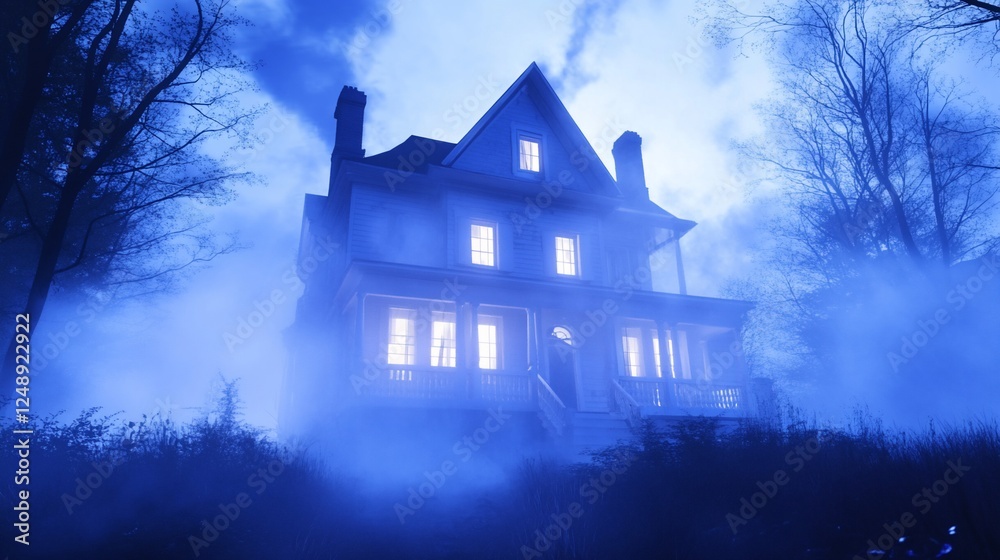 Foggy manor house at night, lights on, mysterious, eerie, for scary ...