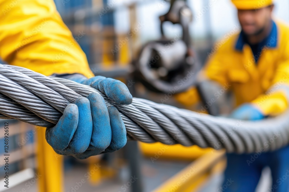 A worker in yellow attire grips a thick steel cable, demonstrating ...