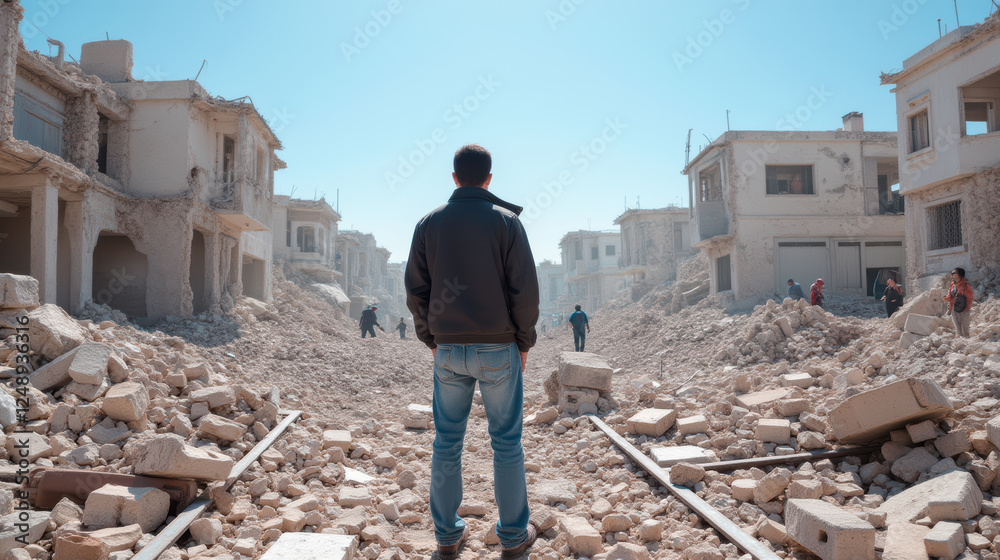 image depicts person standing amidst ruins of destroyed area, with ...