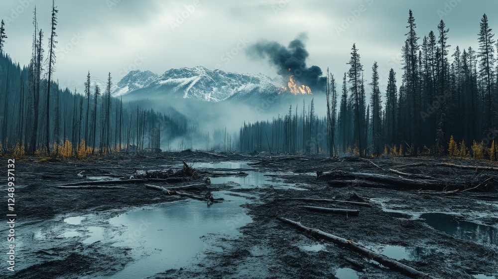 An avalanche impacting a once-thriving ecosystem, leaving behind ...