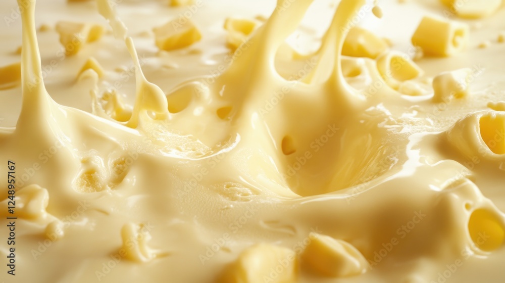 A close-up shot of deliciously creamy macaroni and cheese with droplets ...