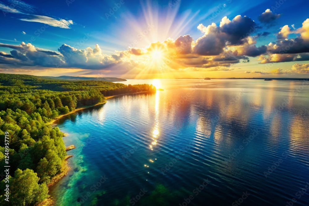 Aerial View of Sunlit Water with Light Leaks, Elegant Cinematic ...