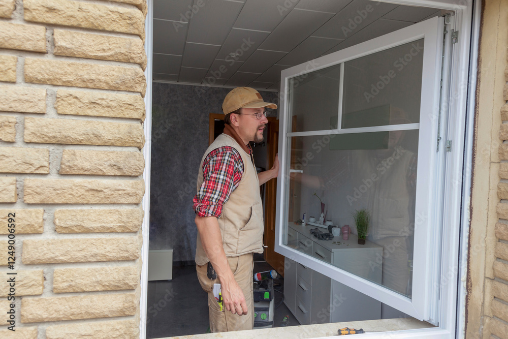 Carpenter installing a new window in a family house during renovation ...