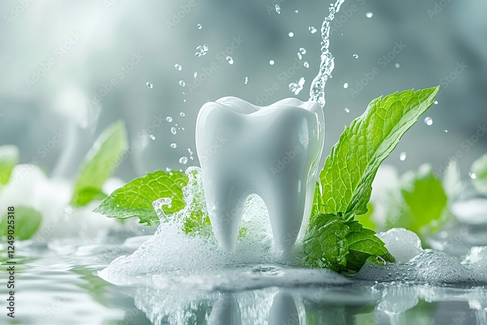 Pristine white tooth emerges from a refreshing splash, surrounded by ...