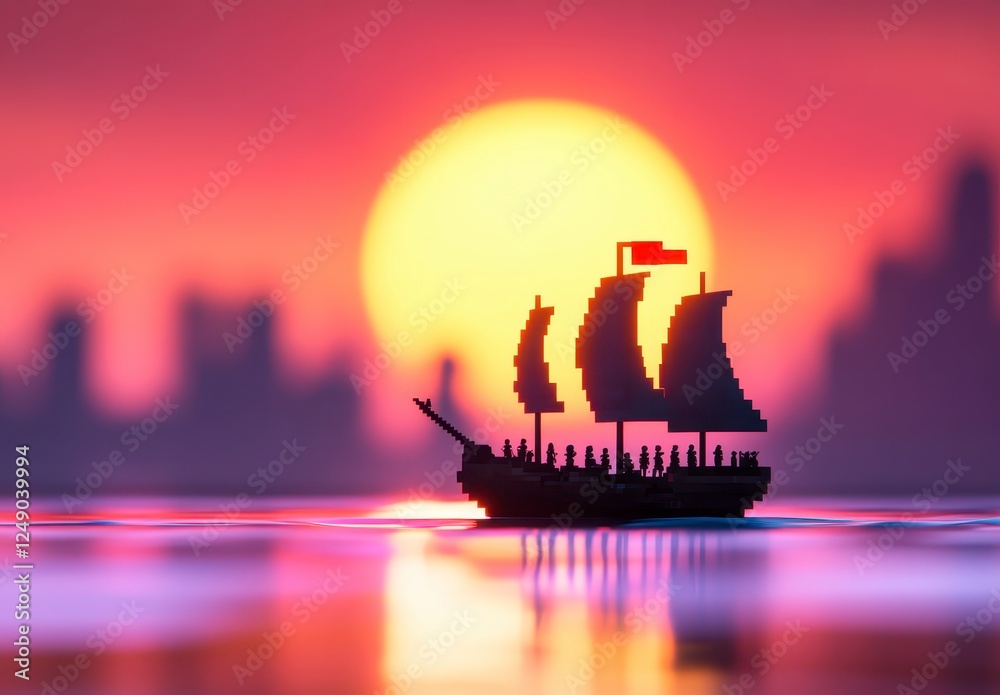 Silhouette pixel art vessel on calm water at sunset over city skyline ...