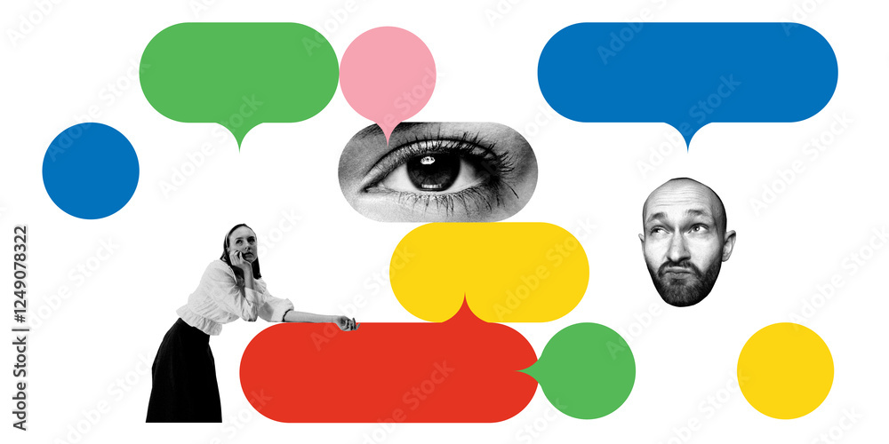 Woman and man engaging in conversation with floating speech bubbles ...