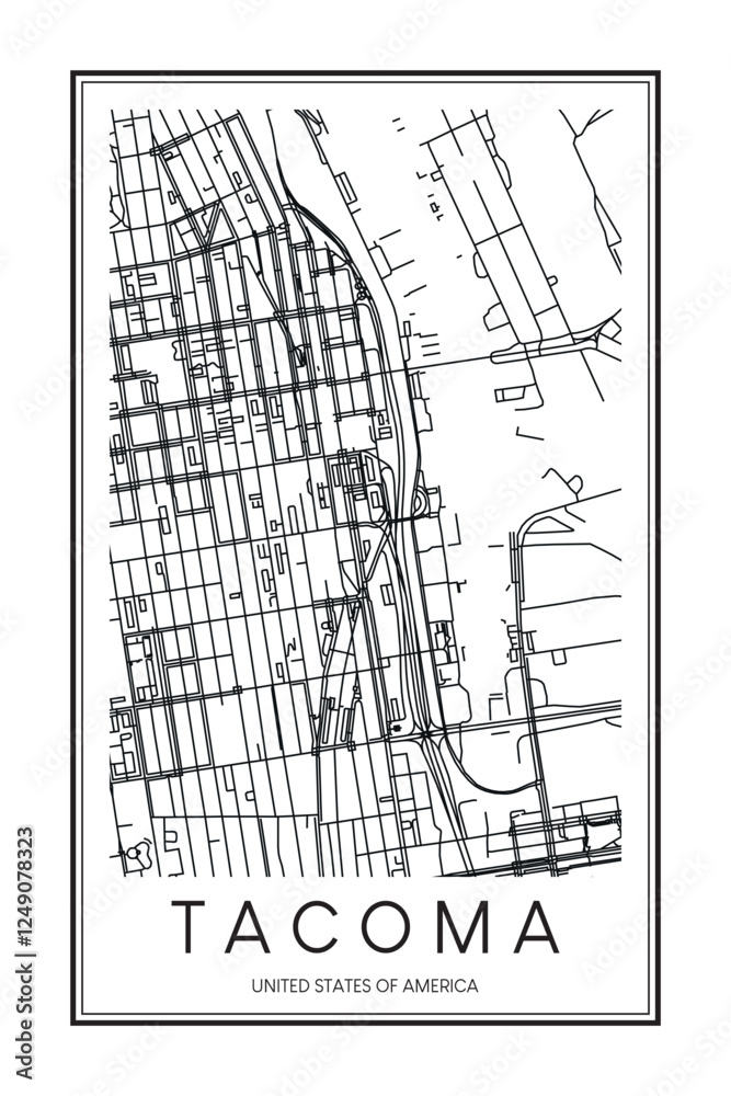Printable downtown road map poster of the USA city of TACOMA on solid ...