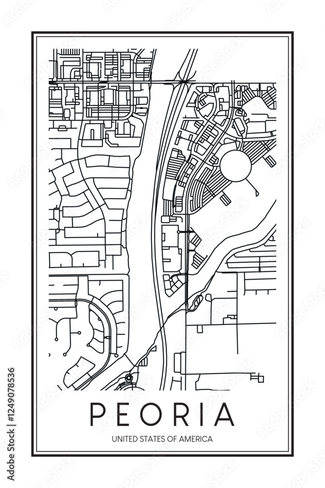 Printable downtown road map poster of the USA city of PEORIA on solid ...