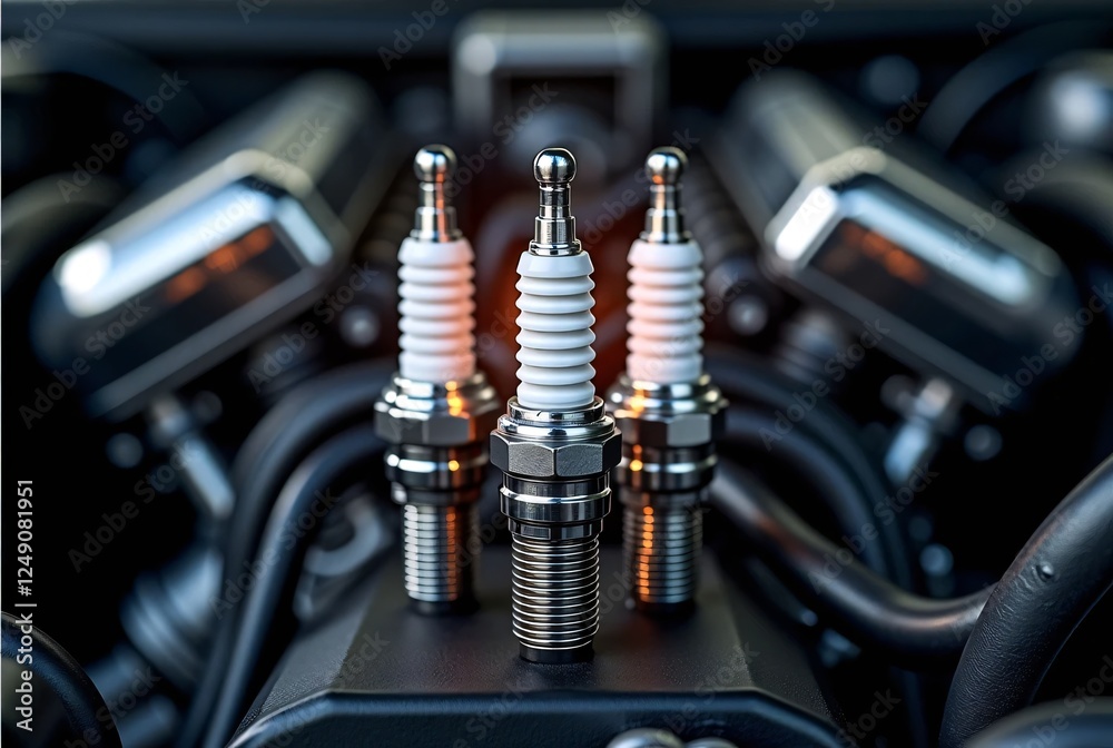 Spark Plugs on Engine with Shiny Metallic Components and Details Stock ...