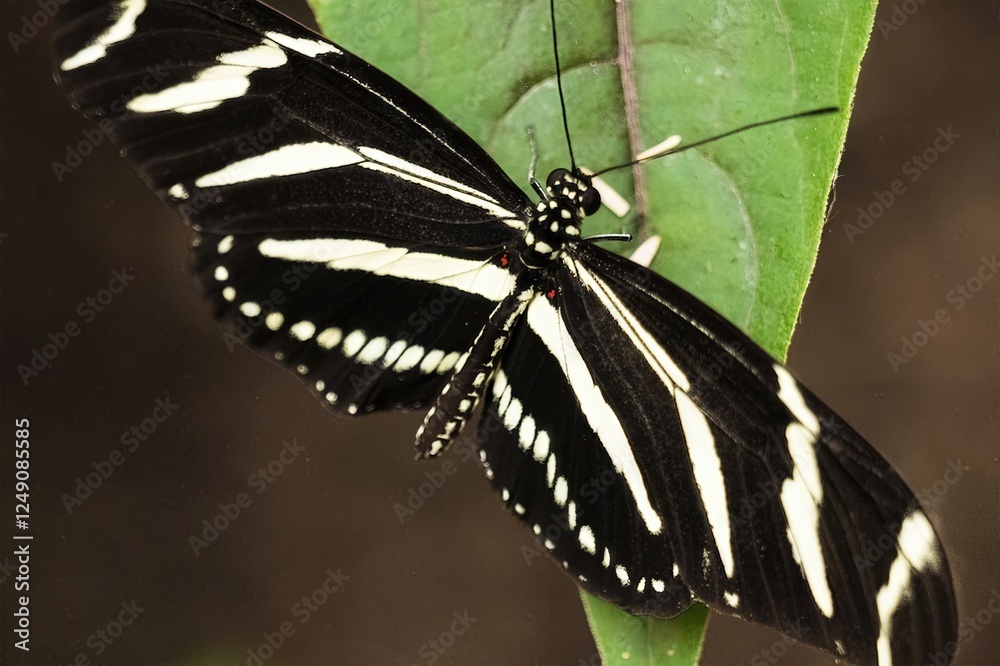 Zebra Longwing Butterfly on Green Leaf: Detailed image of a Zebra ...