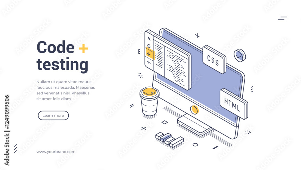 Code testing modern isometric line art web banner template. Computer ...