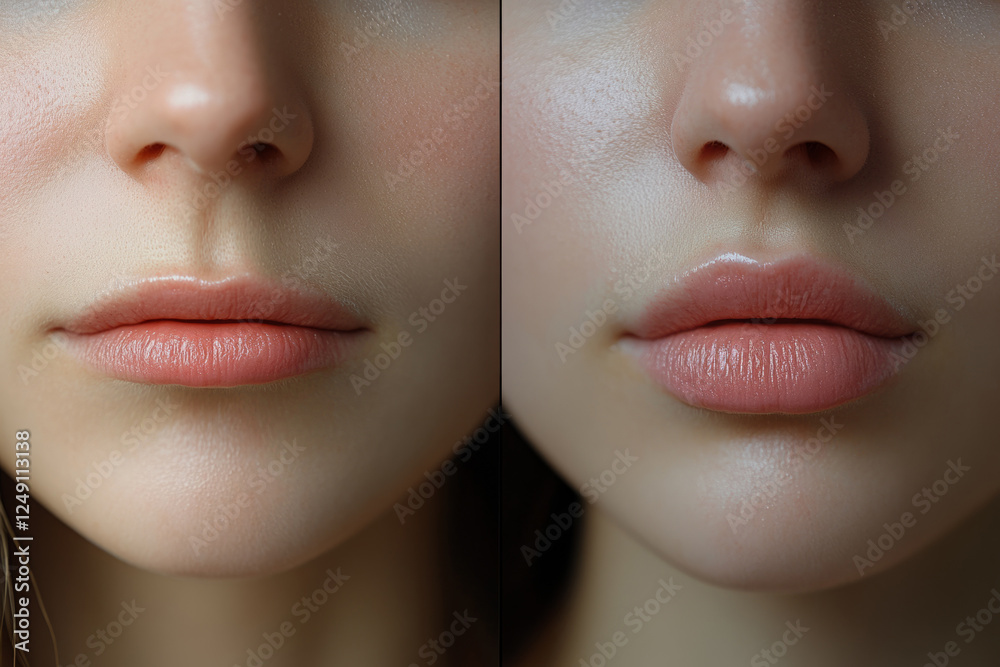 Close-up comparison of natural and enhanced lip textures Stock Photo ...