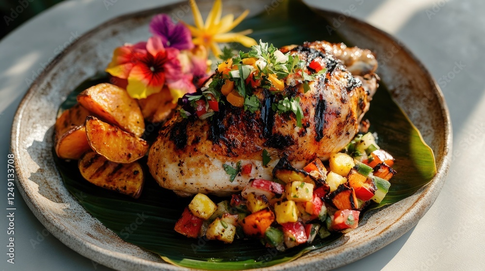 Grilled chicken breast with roasted potatoes and colorful vegetable ...