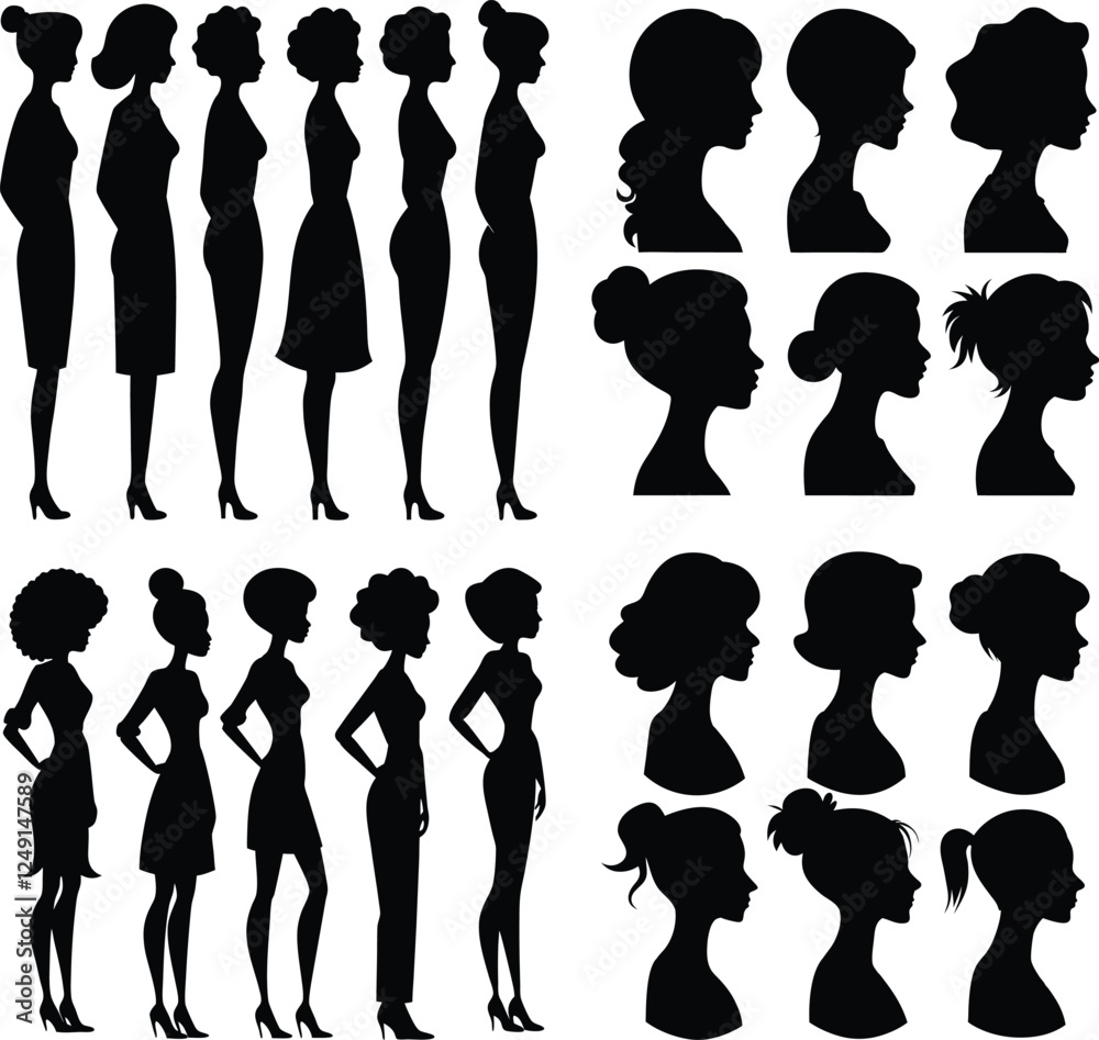 Set of female cameo silhouette with full and half body collection. Side ...