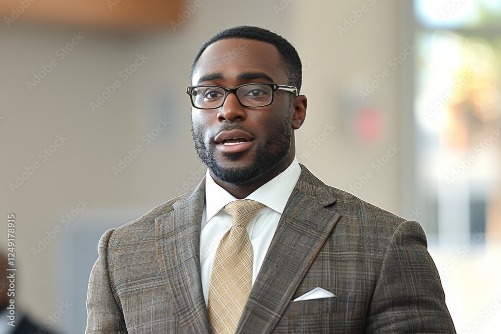 Close-up African American legal professional in plaid suit, delivering ...