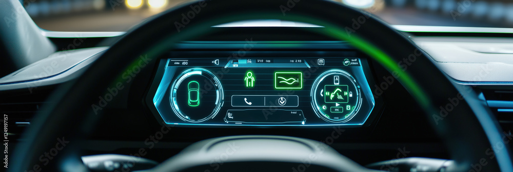 Futuristic Car Dashboard Display Green Safety Icons Alerts Modern ...