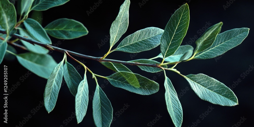 Dewey green leaves with droplets on surface, natural close-up, focus on ...