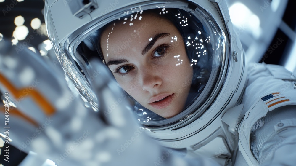 space exploration, a female astronaut in a futuristic spacesuit gracefully floats in zero ...