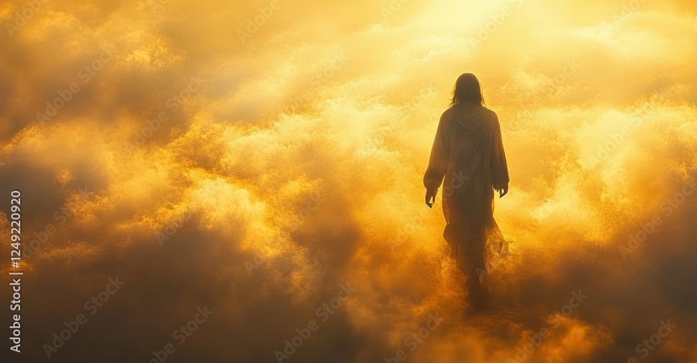 Jesus Christ Walking through Golden Clouds in a Sermon on the Mount ...