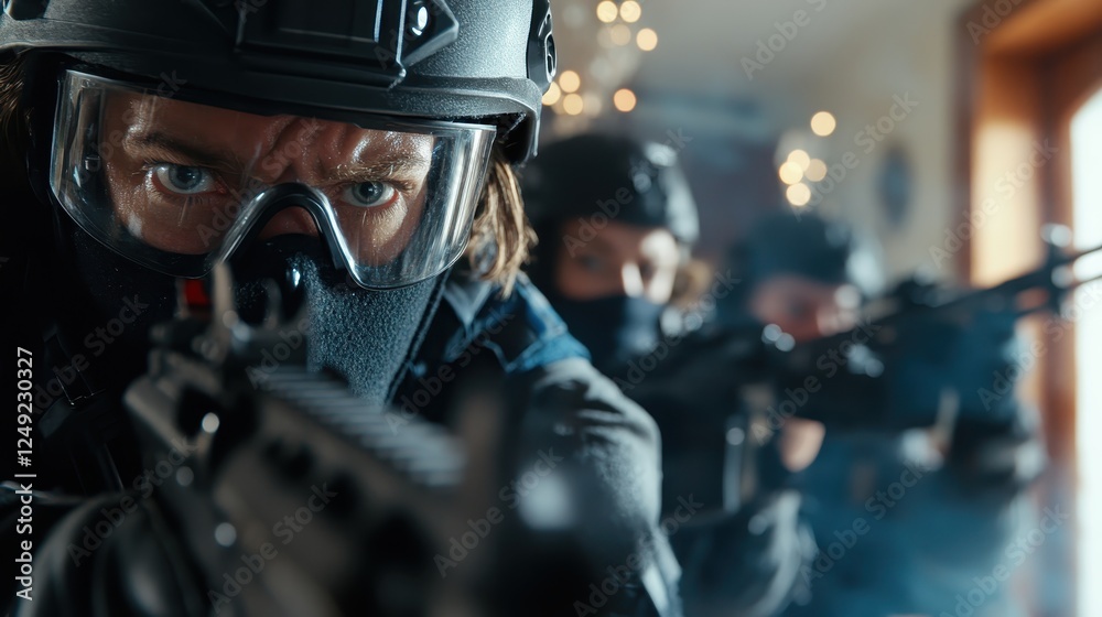 A tactical team stands ready, aiming their firearms in a high-pressure ...